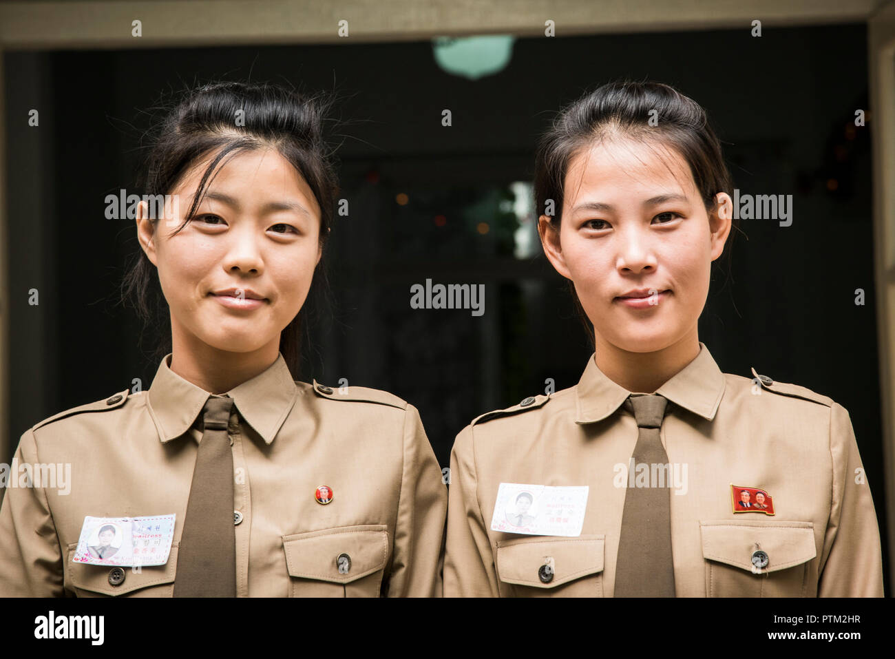 Army waitresses in restaurant within the DMZ at Kaesong in North Korea ...
