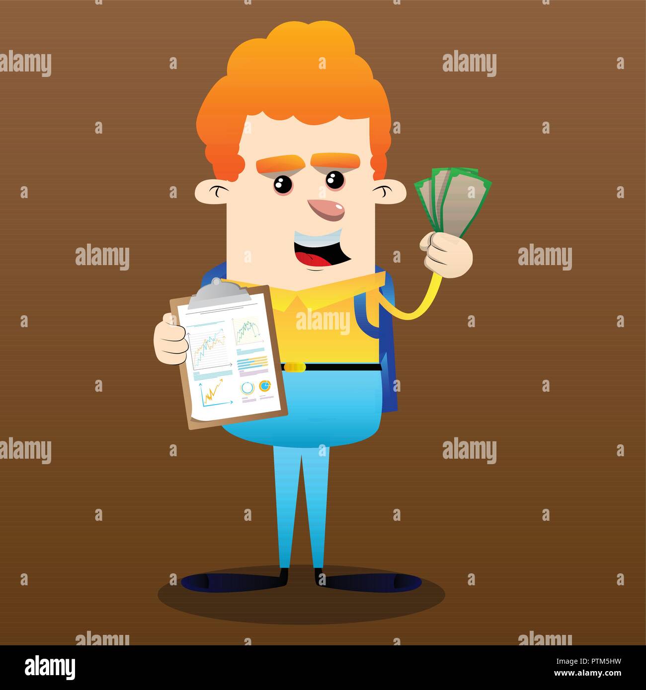 Schoolboy shows finance report and money bills. Vector cartoon ...