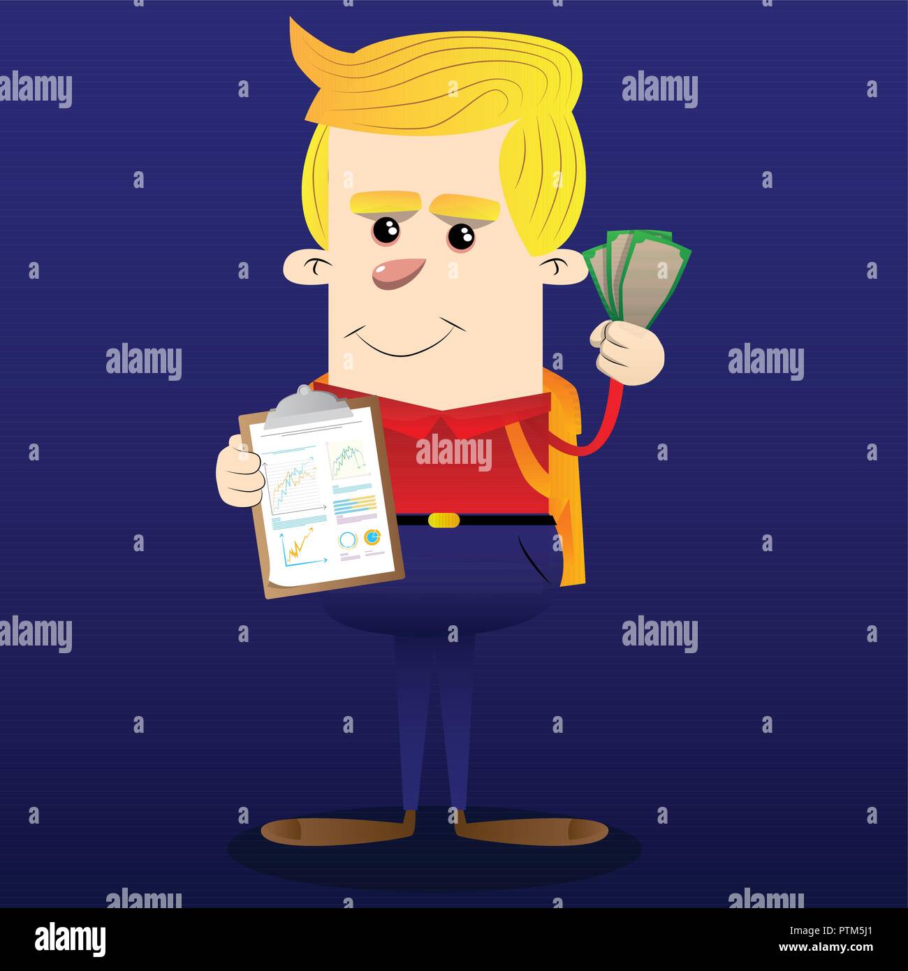 Schoolboy shows finance report and money bills. Vector cartoon ...