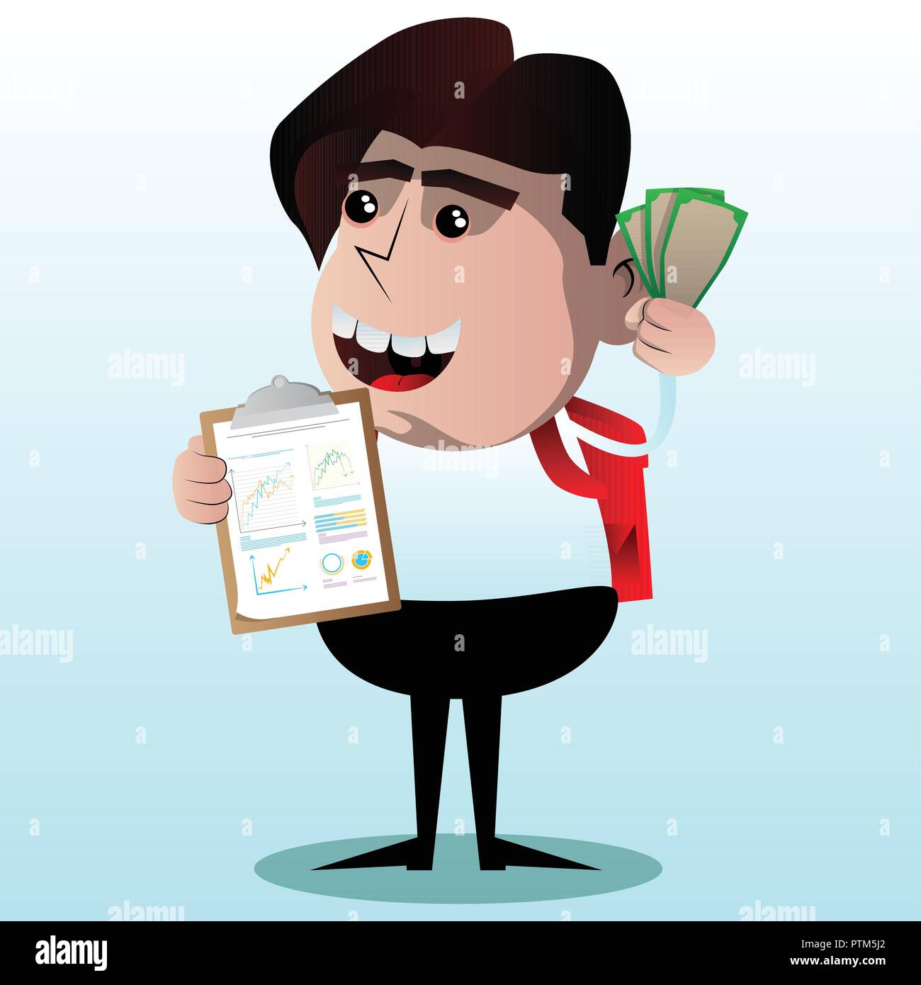 Schoolboy shows finance report and money bills. Vector cartoon ...