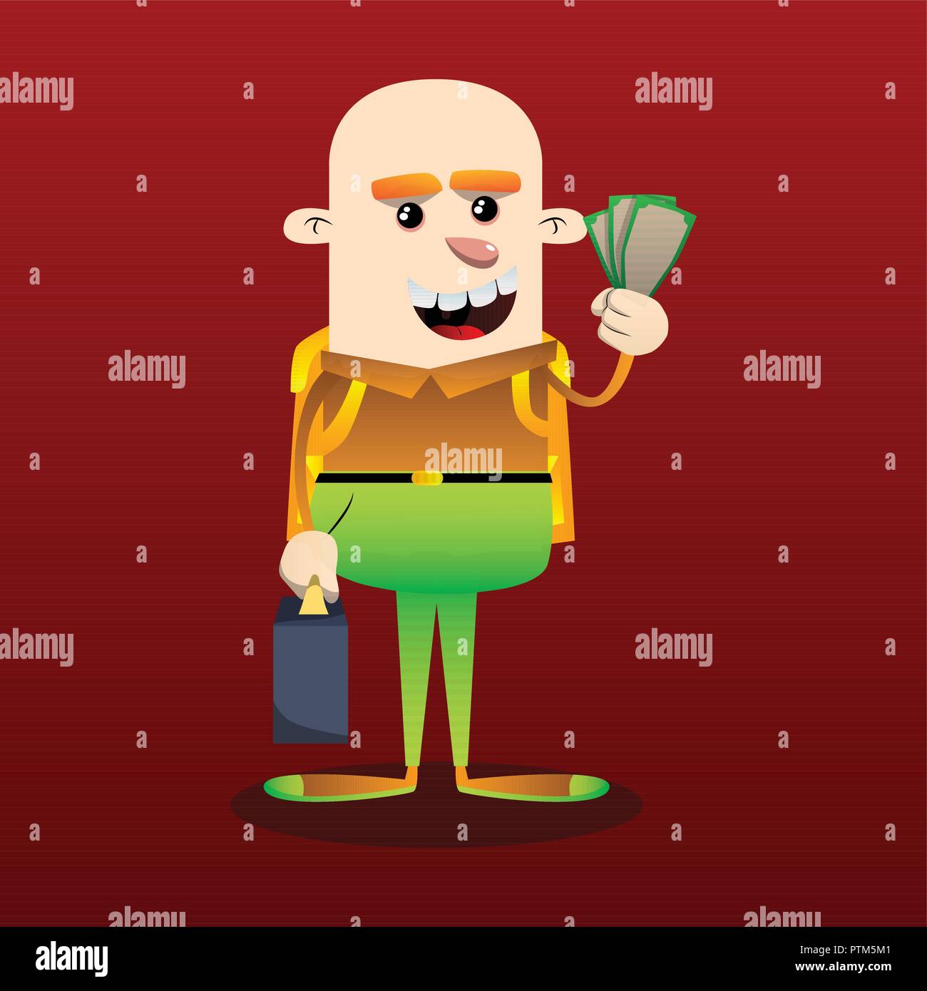 Schoolboy as boss with suitcase or bag holding or showing money bills ...