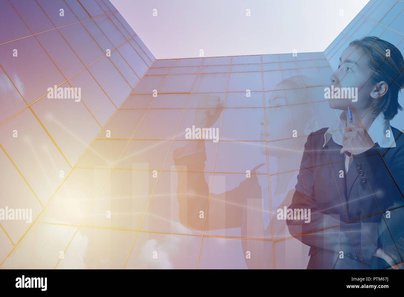 double exposure business woman thinking and fighting action with glass ...