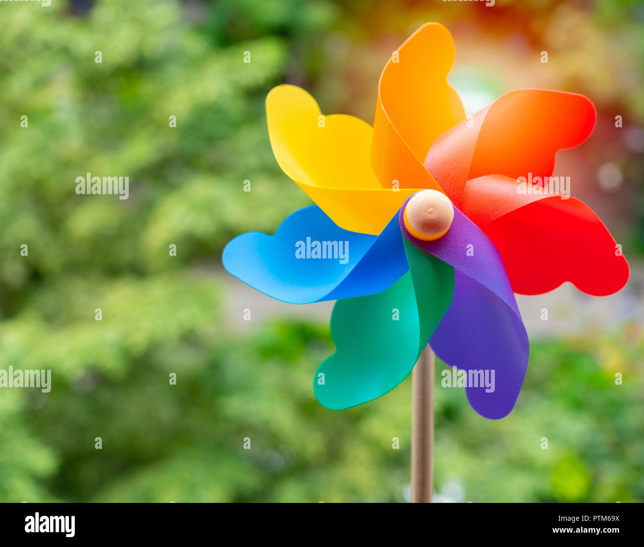 Hand holding colorful pinwheel on green nature background with light ...