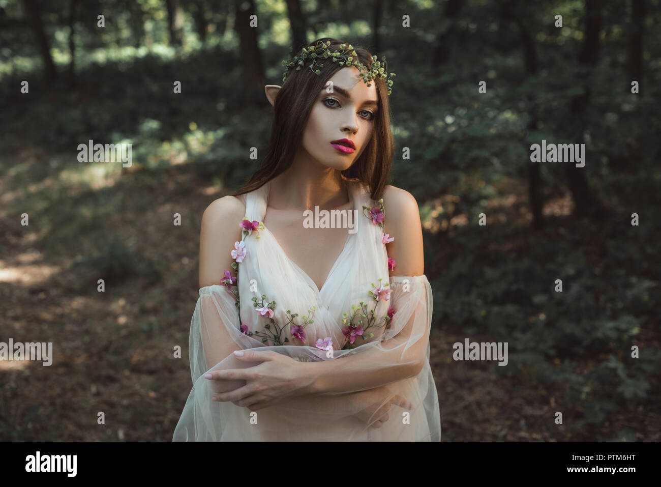 attractive female elf in dress and floral wreath in forest Stock Photo ...