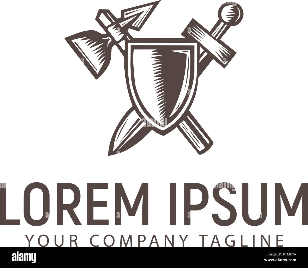 weapons and shields logo. vintage hand drawn design concept template ...