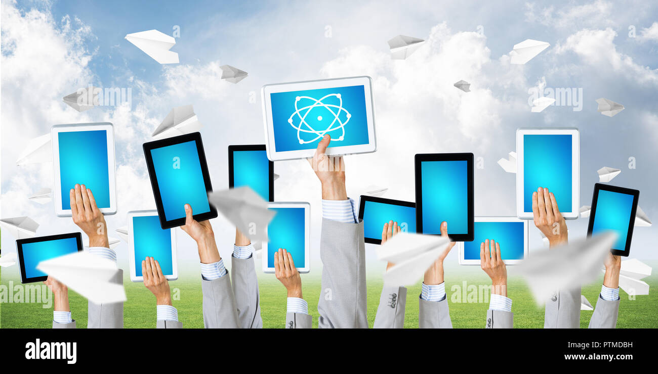 Close of businessman hands in line showing tablet pc with blank blue ...