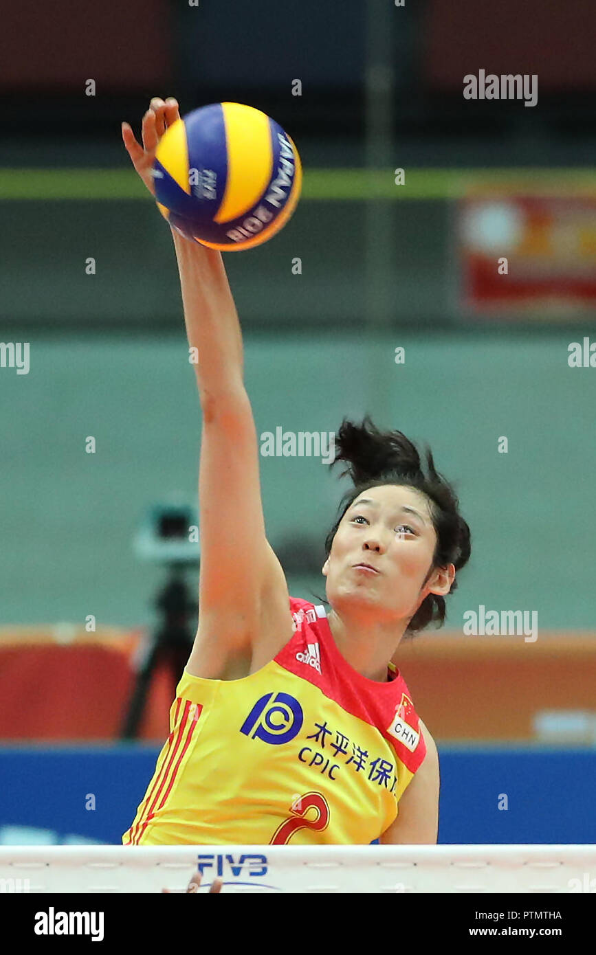 Osaka, Japan. 10th Oct, 2018. Zhu Ting of China spikes during the Pool F match against the ...