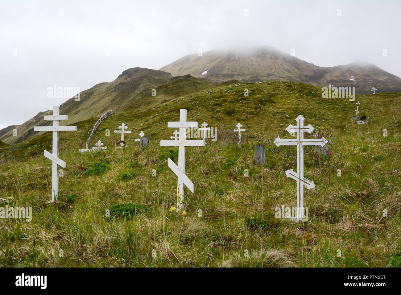 Russian orthodox crosses in a cemetery in the edge of the town of ...