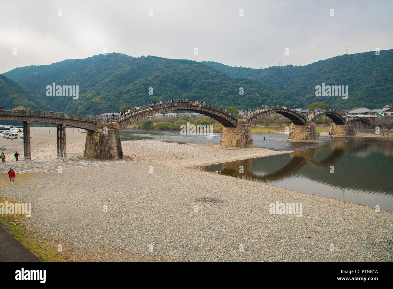 The Kintai bridge, a historical wooden arch bridge, in the city of ...