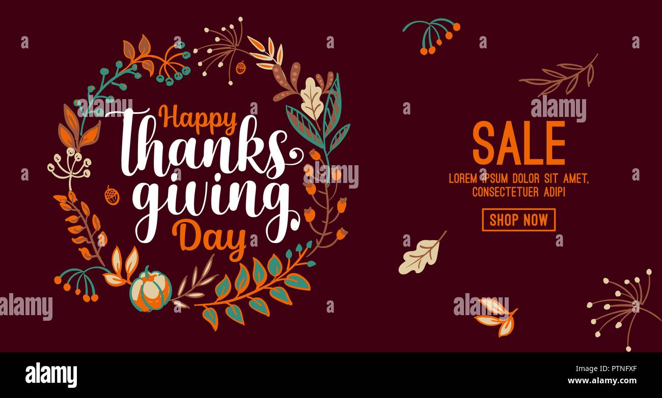 Hand drawn Happy Thanksgiving typography in autumn wreath banner ...