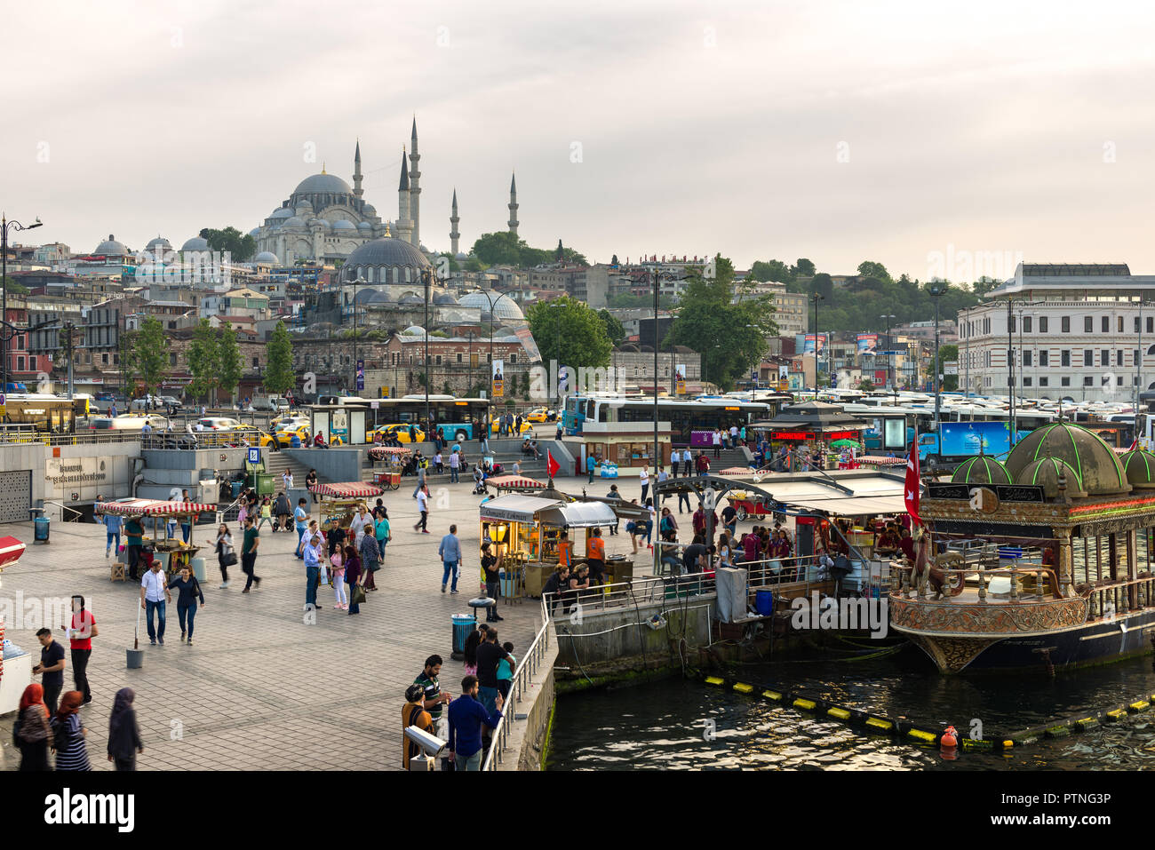 Suleymaniye mosque and the Eminonu bazaar port area at sunset from ...