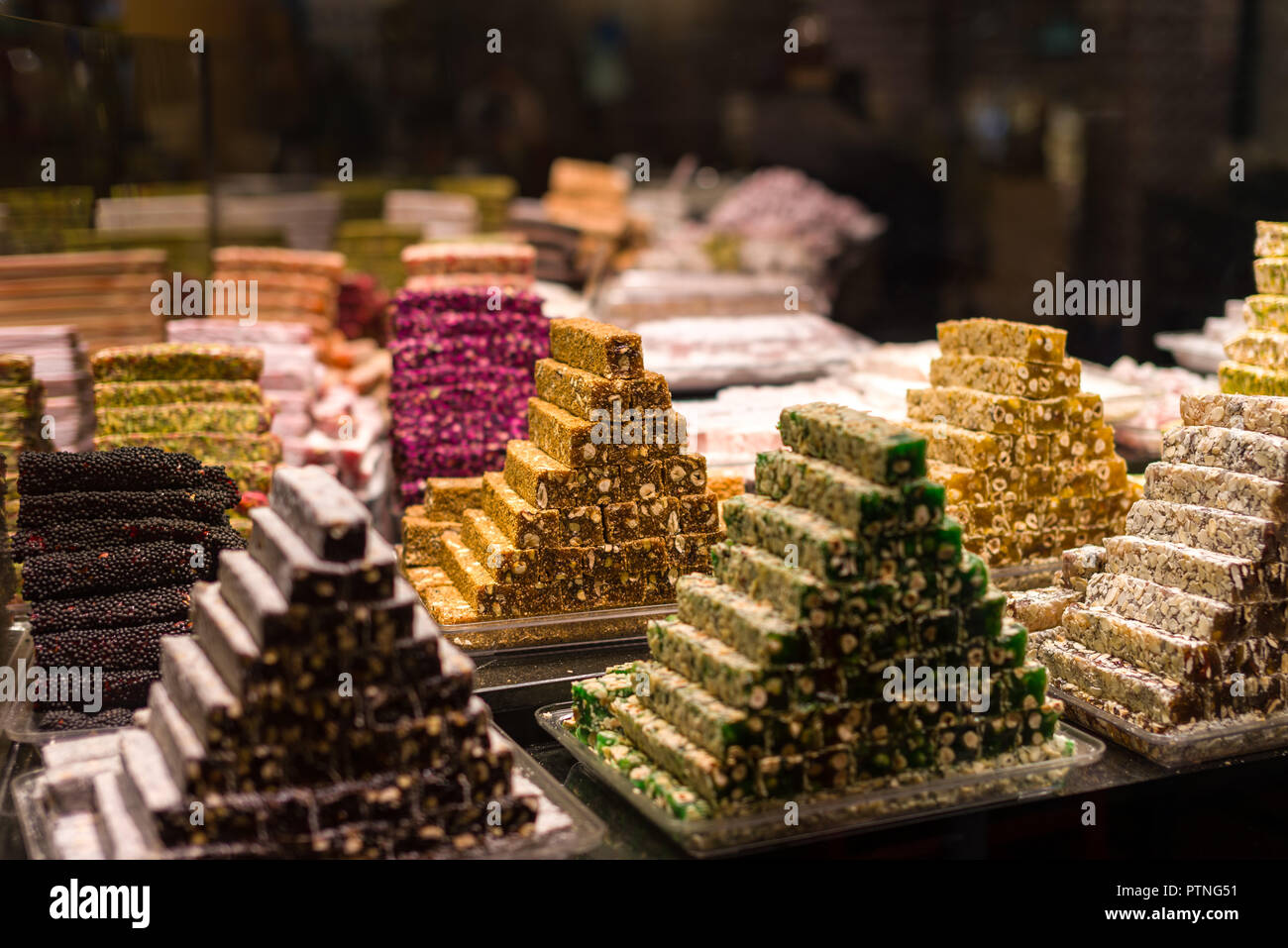 Various Turkish delight or Lokum on display in a restaurant window ...
