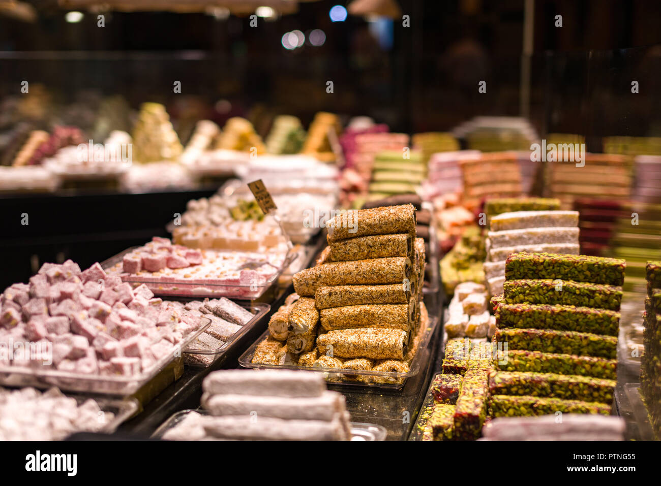 Turkish baklava and Turkish delight on display in a restaurant window ...