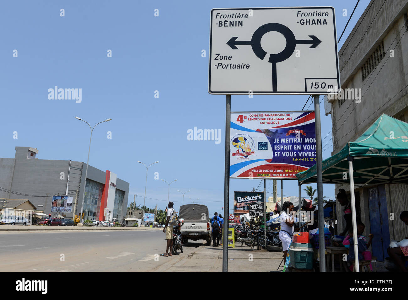 TOGO, Lome, traffic sign, direction to border of Benin and Ghana ...