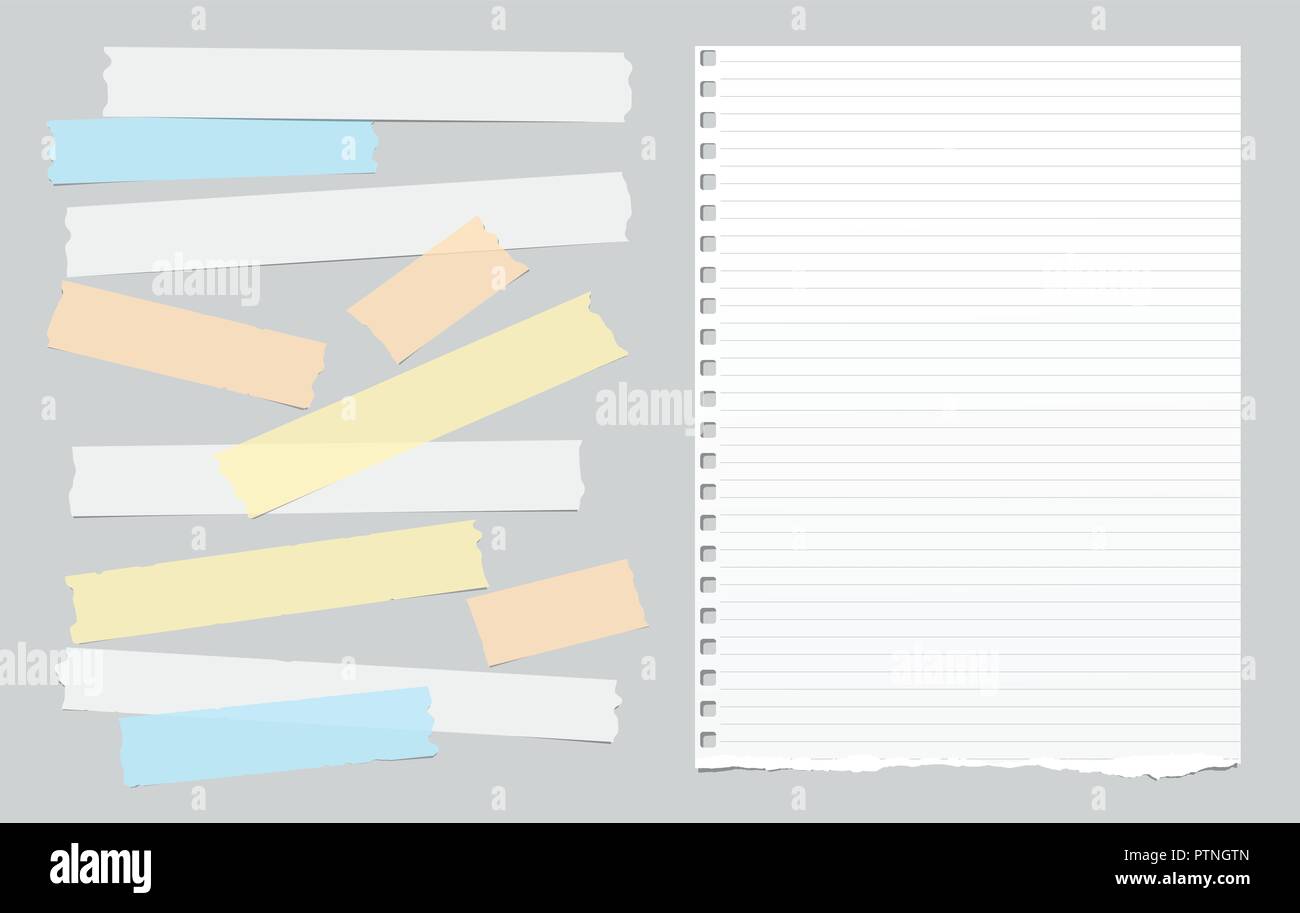 Colorful adhesive, sticky tape with white lined note notepad paper on ...