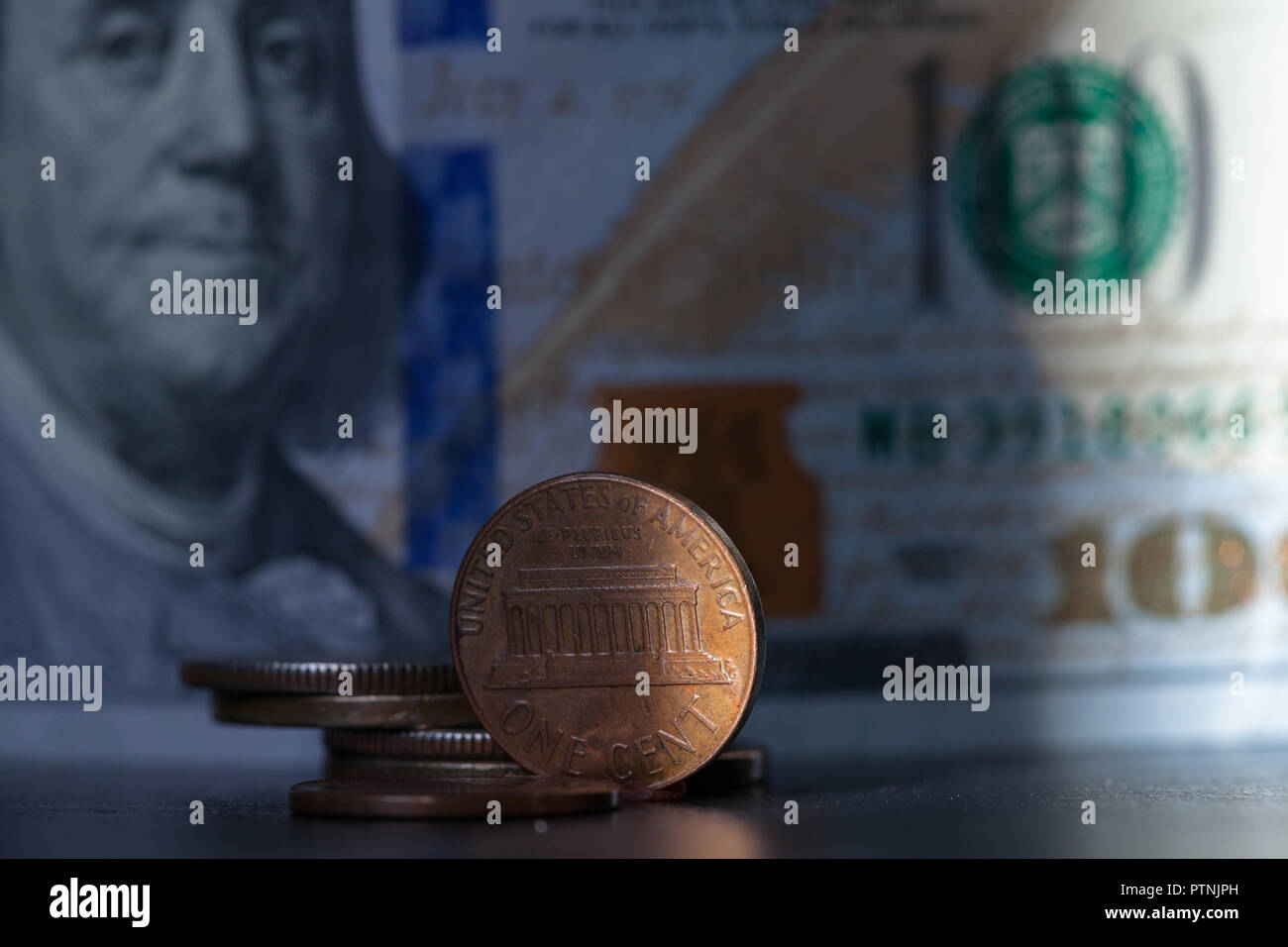 Dollar USD cent coin, currency of United States USA. Shown details of ...