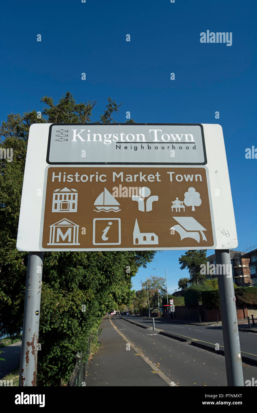 kingston historic market town, welcome sign displaying symbols on ...