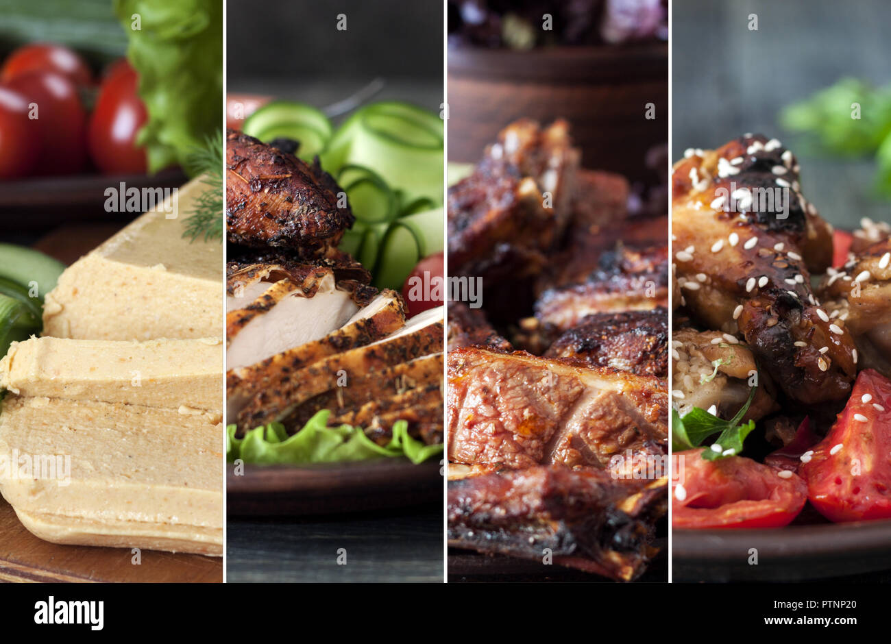 Collage of meat dishes and includes dishes of pork ribs and chicken ...