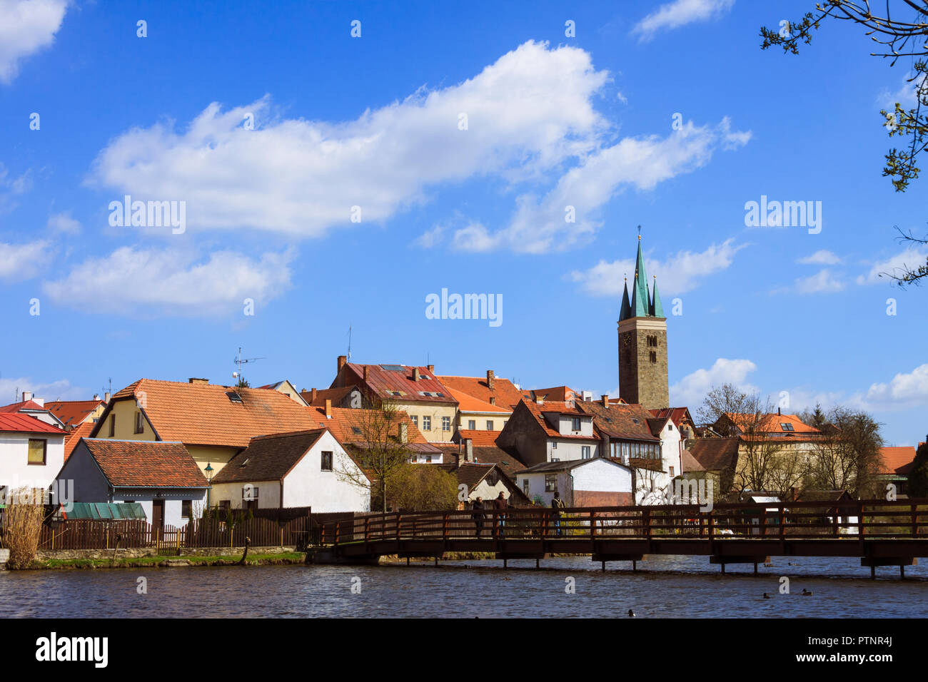Telc, Moravia, Czech Republic : Old town of Telc and Holy Spirit church ...