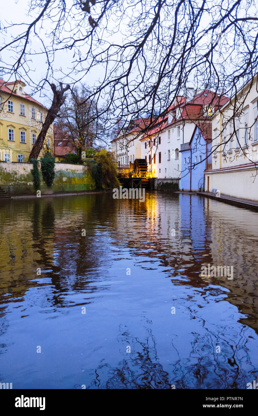 Water Mill and Kampa Island houses reflected on Vltava river. Prague ...