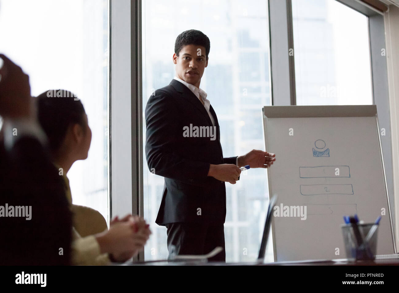 Male employee present project on flipchart for colleagues Stock Photo ...