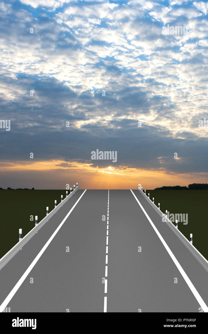 Journey path, empty road leads into the sunset. 3d illustration Stock ...