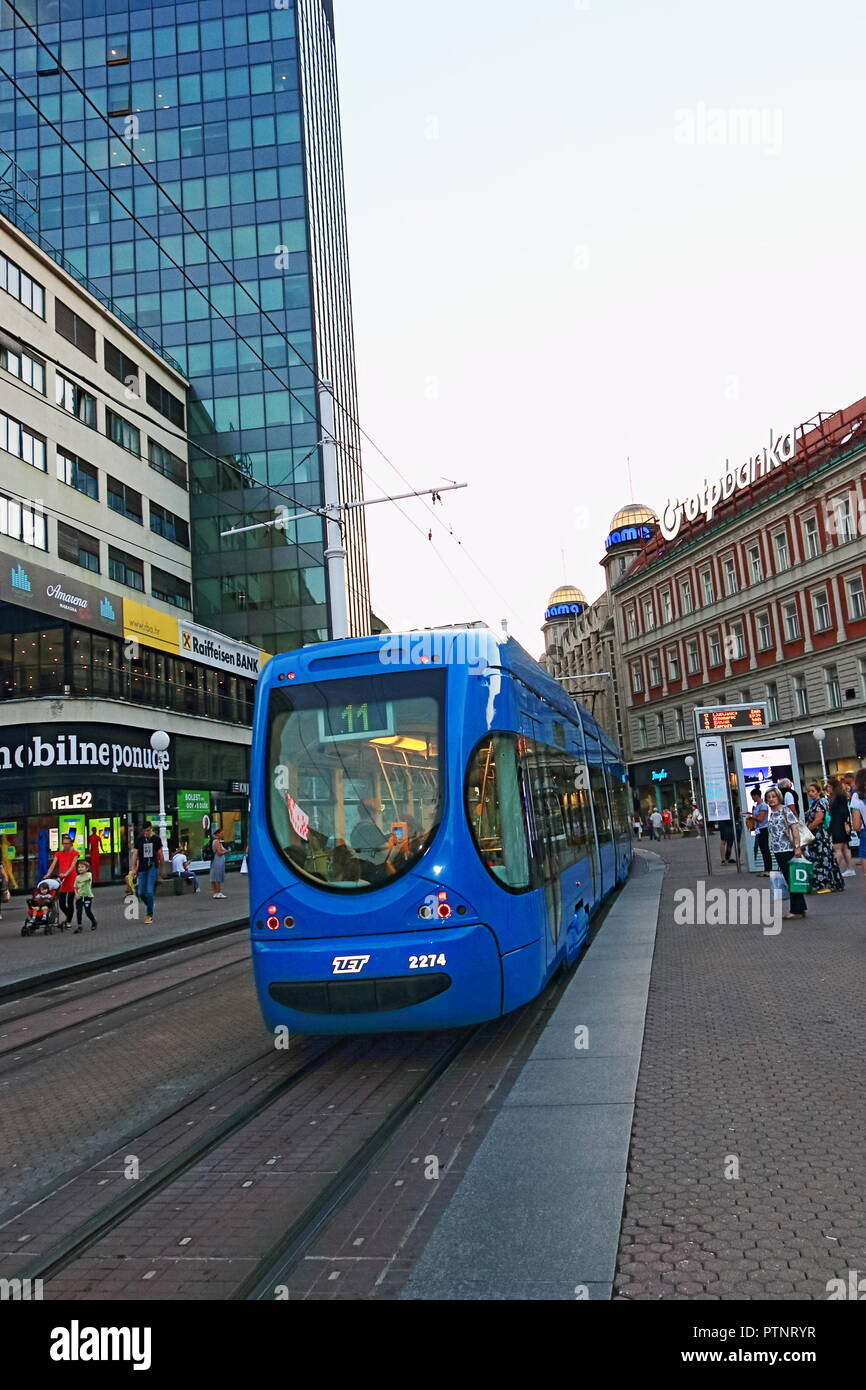 Blue tram at stop on Ban Josip Jelačić- Central square with a tram stop ...