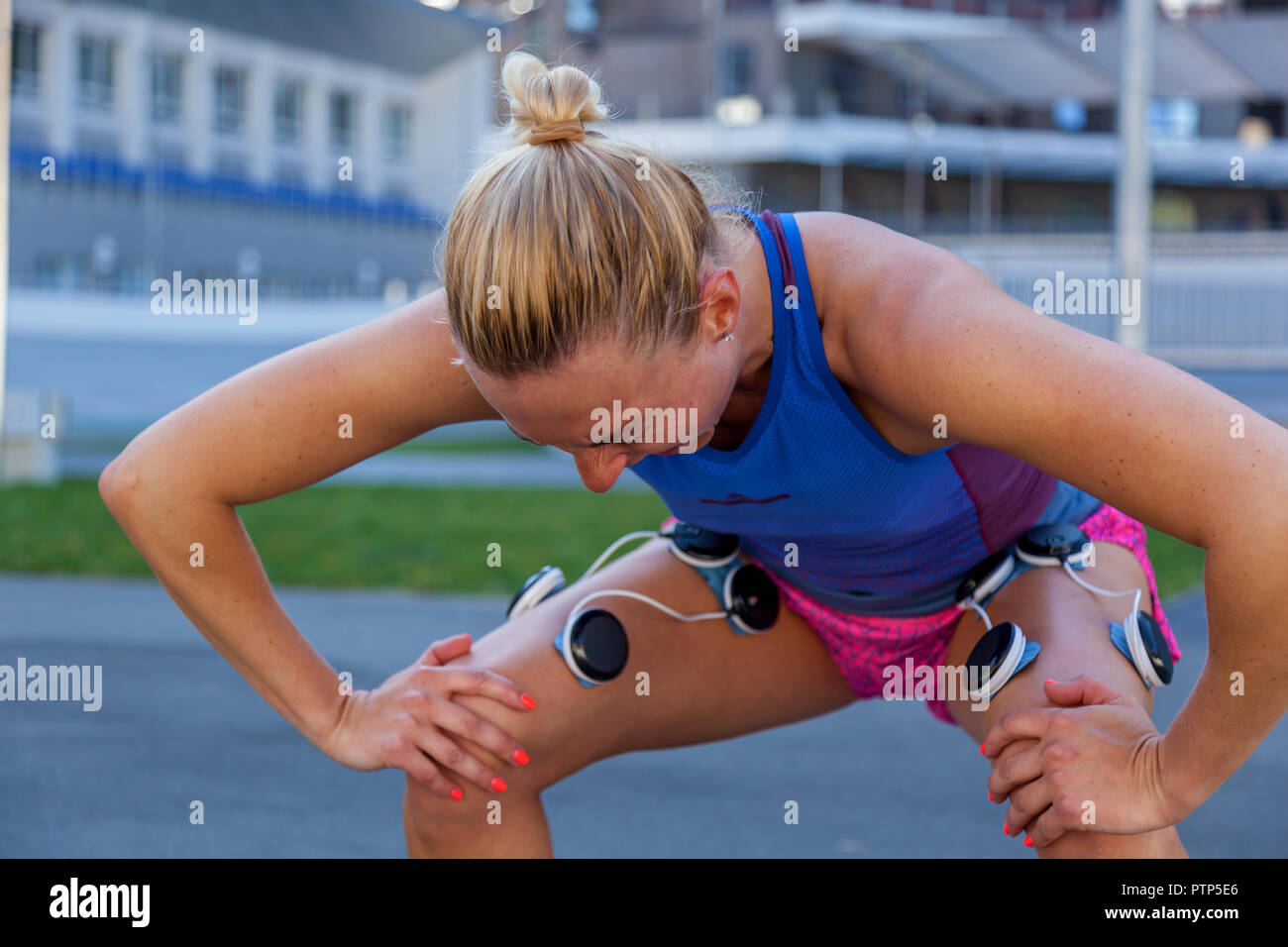 Kiev Ukraine September 21, 2018: Compex pacemaker for fitness. Install ...