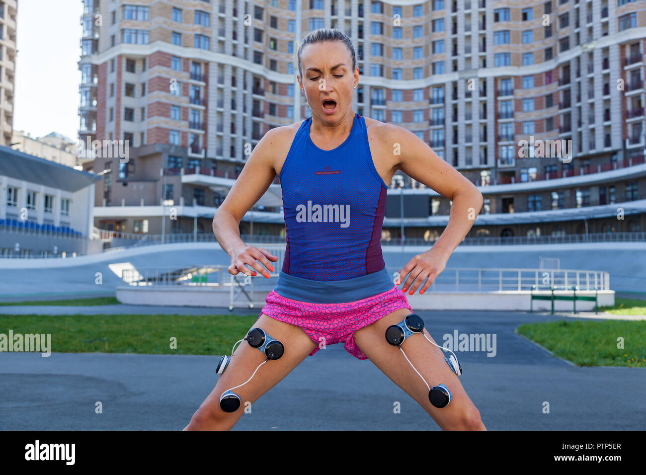 Kiev Ukraine September 21, 2018: Compex pacemaker for fitness. Install ...