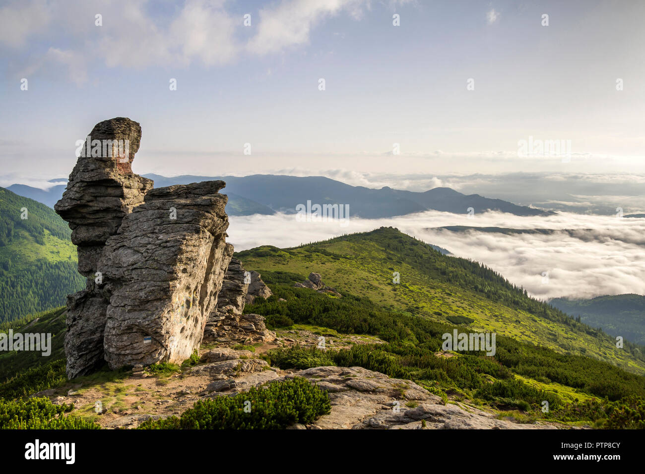 Huge limestone rocky boulder on green mountain top on background of ...
