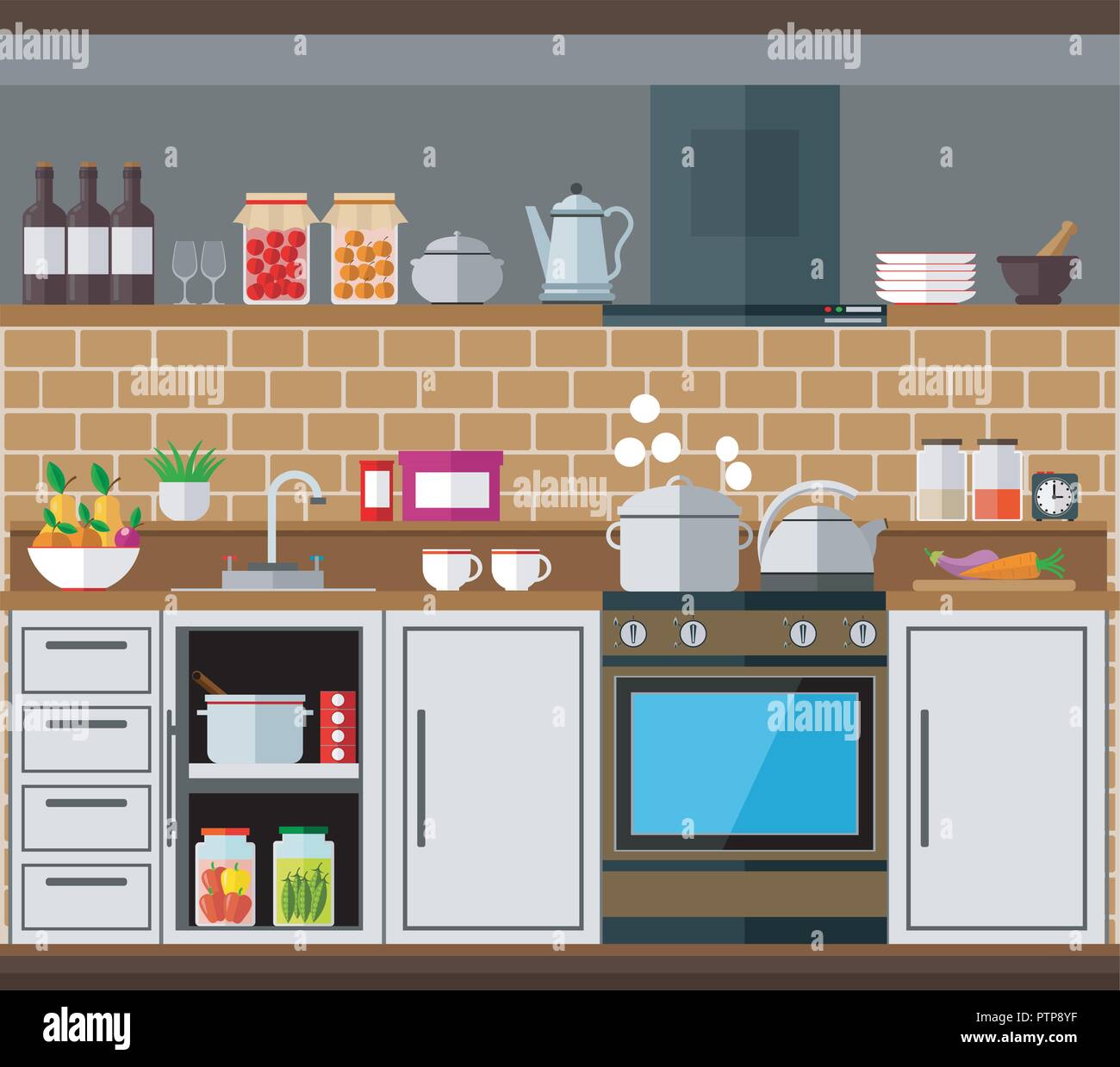 Modern fashionable kitchen with cabinets, stove, and lots of useful ...