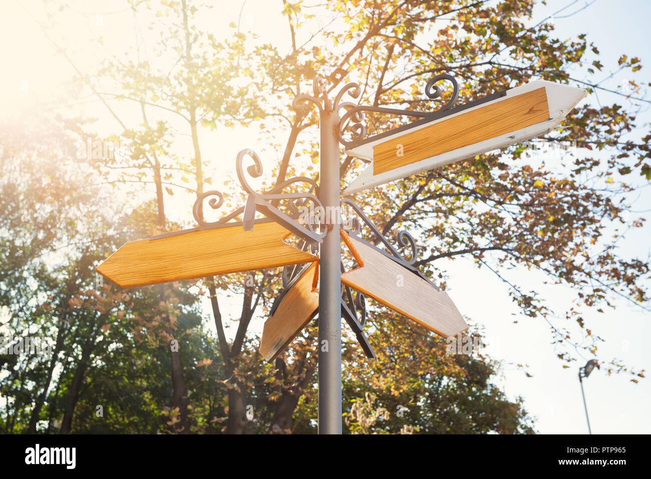 Blank metal and wood signage, empty guidepost, sign on natural ...