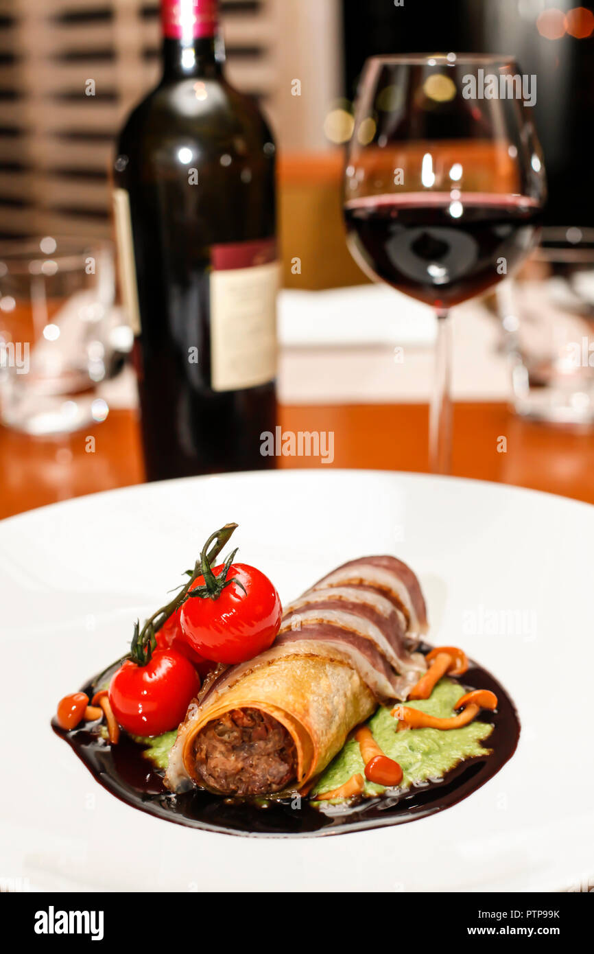 Exclusive dinner plate with Goose pate roll, Enokitake mushrooms ...