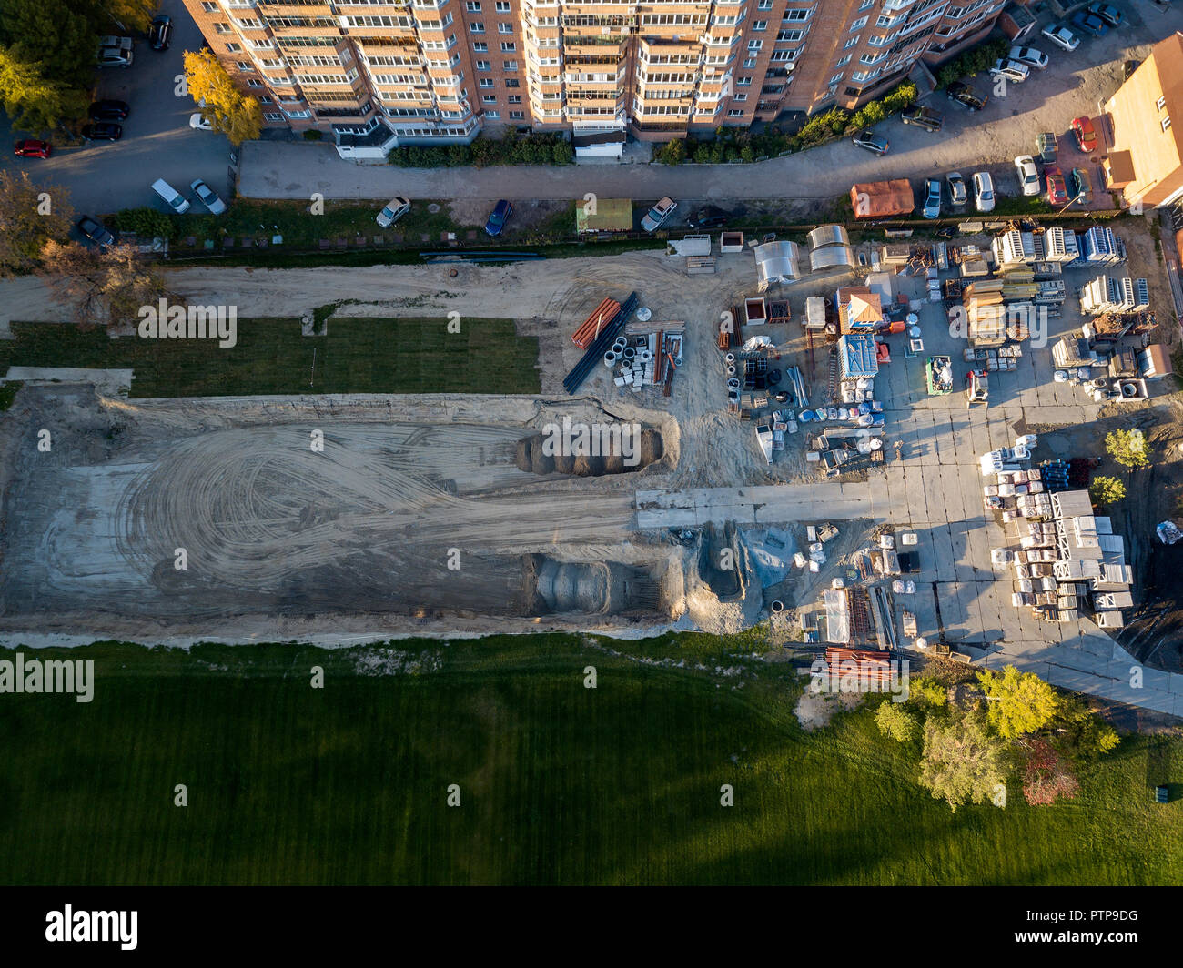 Aerial view of a building construction site at the place of storage of ...