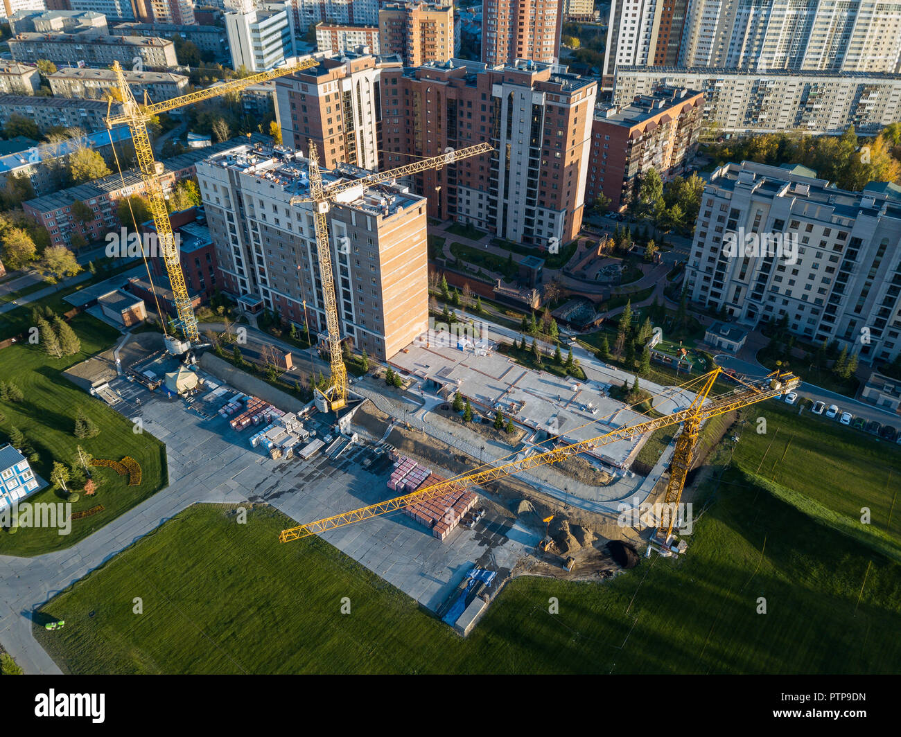 Aerial view of the construction site of a building in the industrial ...