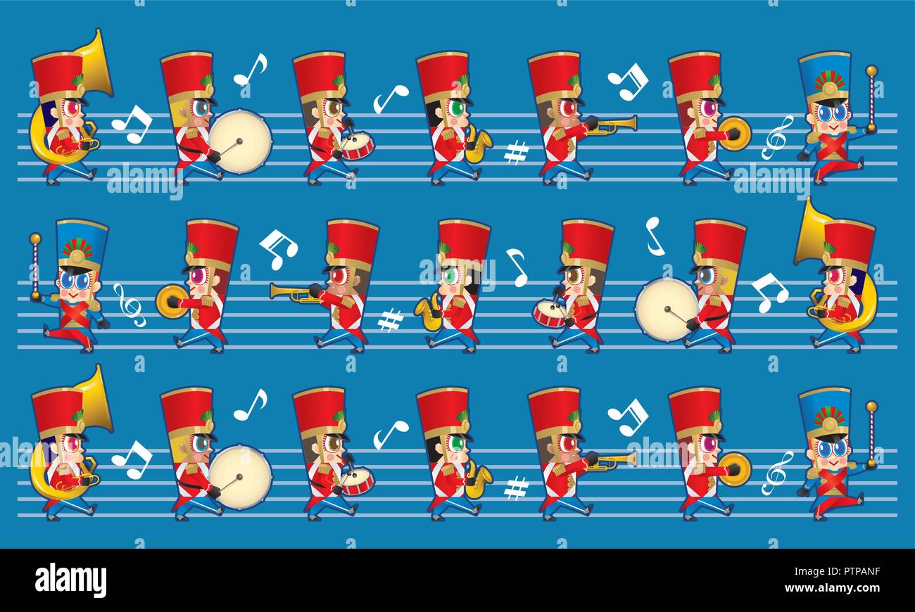 A marching cute brass band with various kind of instruments. With ...