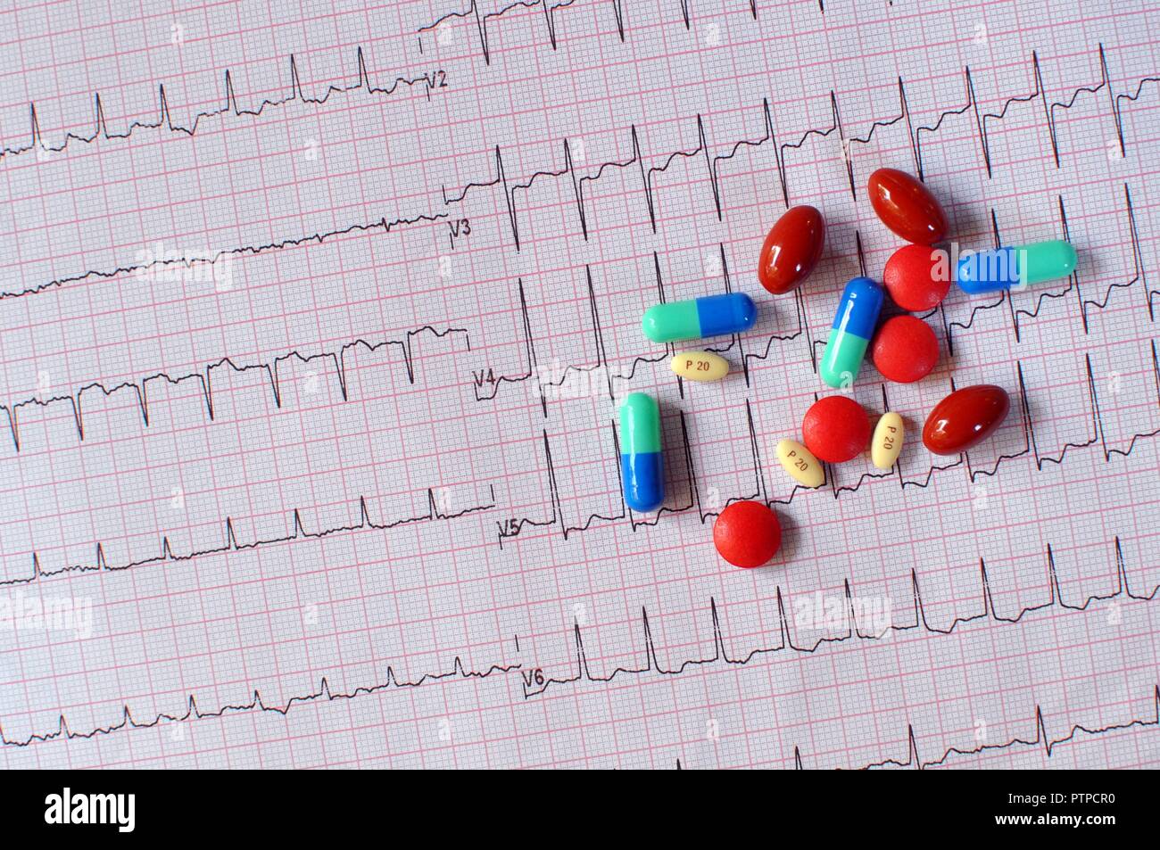 Close up of various types of pills, tablets and drugs on ...