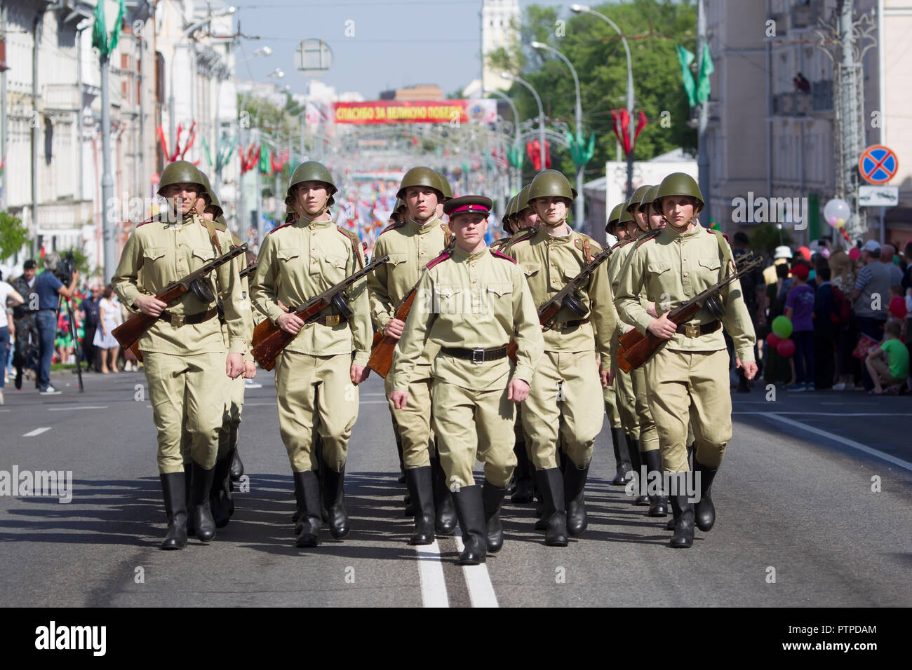 Belarus, Gomel. May 9, 2018. Victory Day.World War II soldiers marching ...