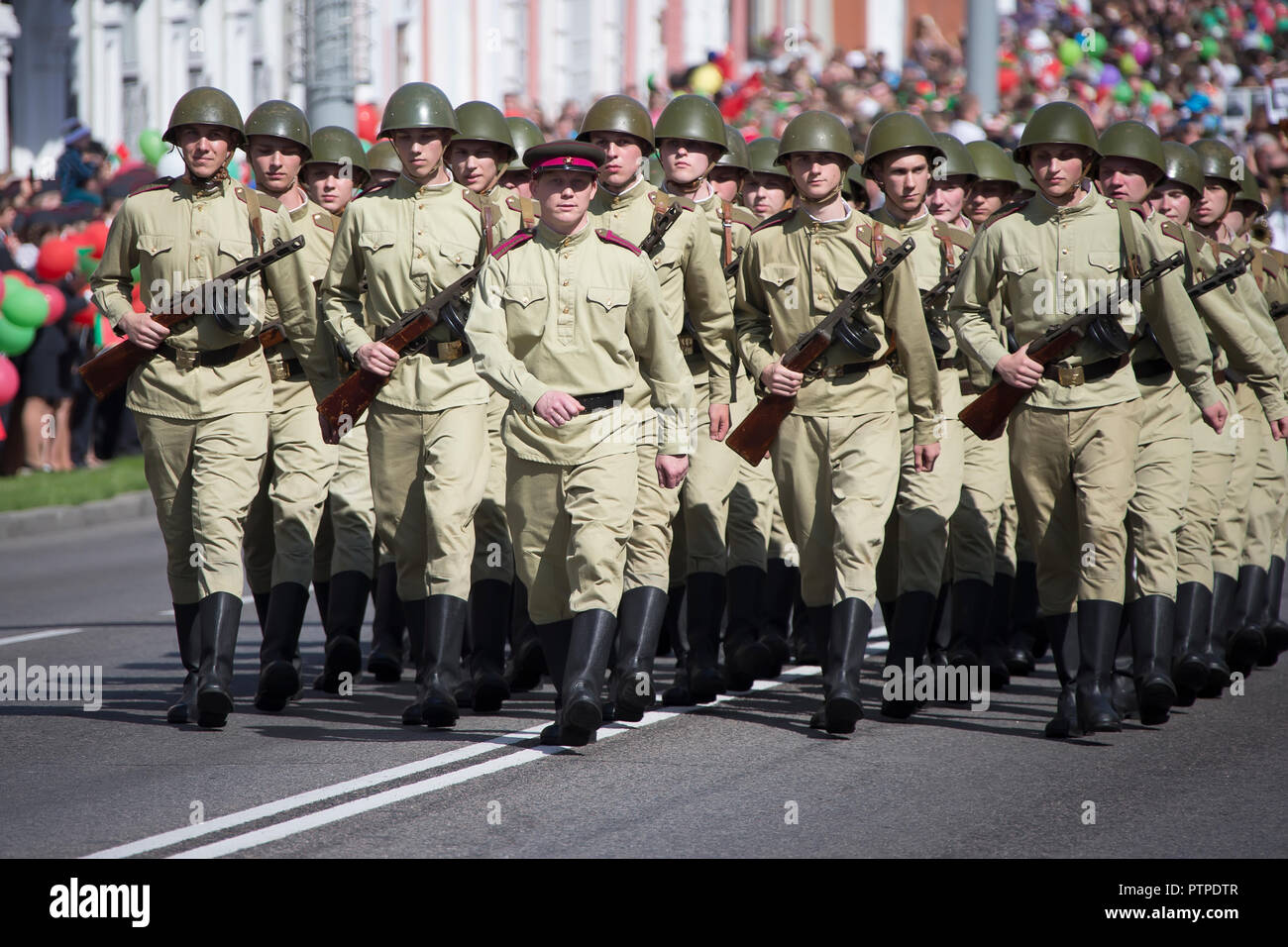 Belarus, Gomel. May 9, 2018. Victory Day.World War II soldiers marching ...