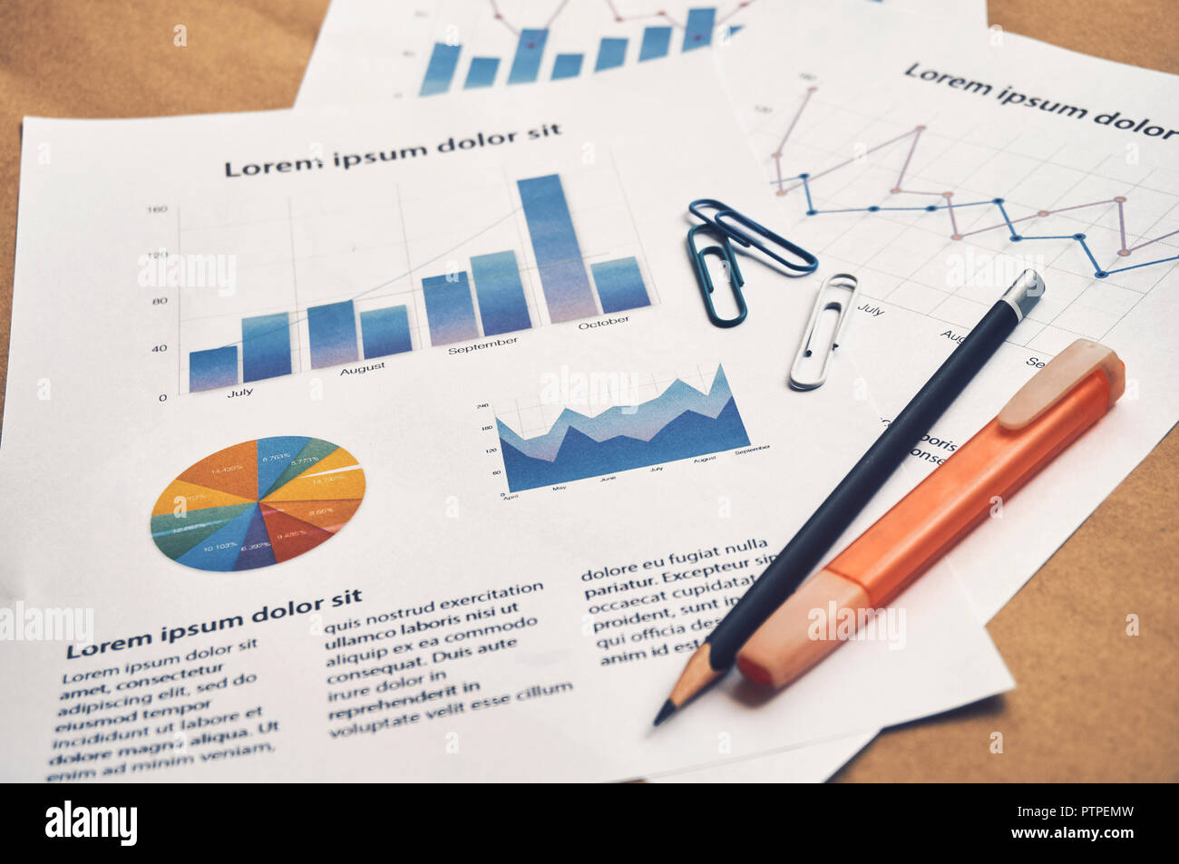 Financial statistics dummy document report with pie graph, bar chart ...