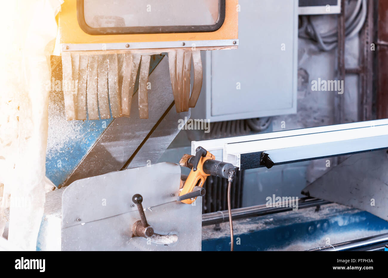 Production of PVC windows, a section of PVC plastic profile on the ...