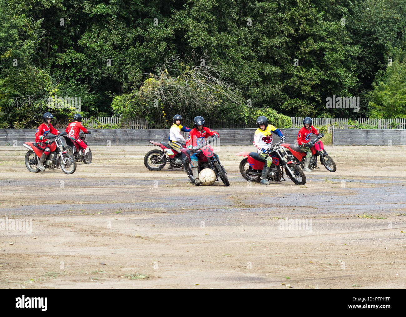 BOBRUISK, BELARUS - September 7, 2018: Motoball, young guys play ...