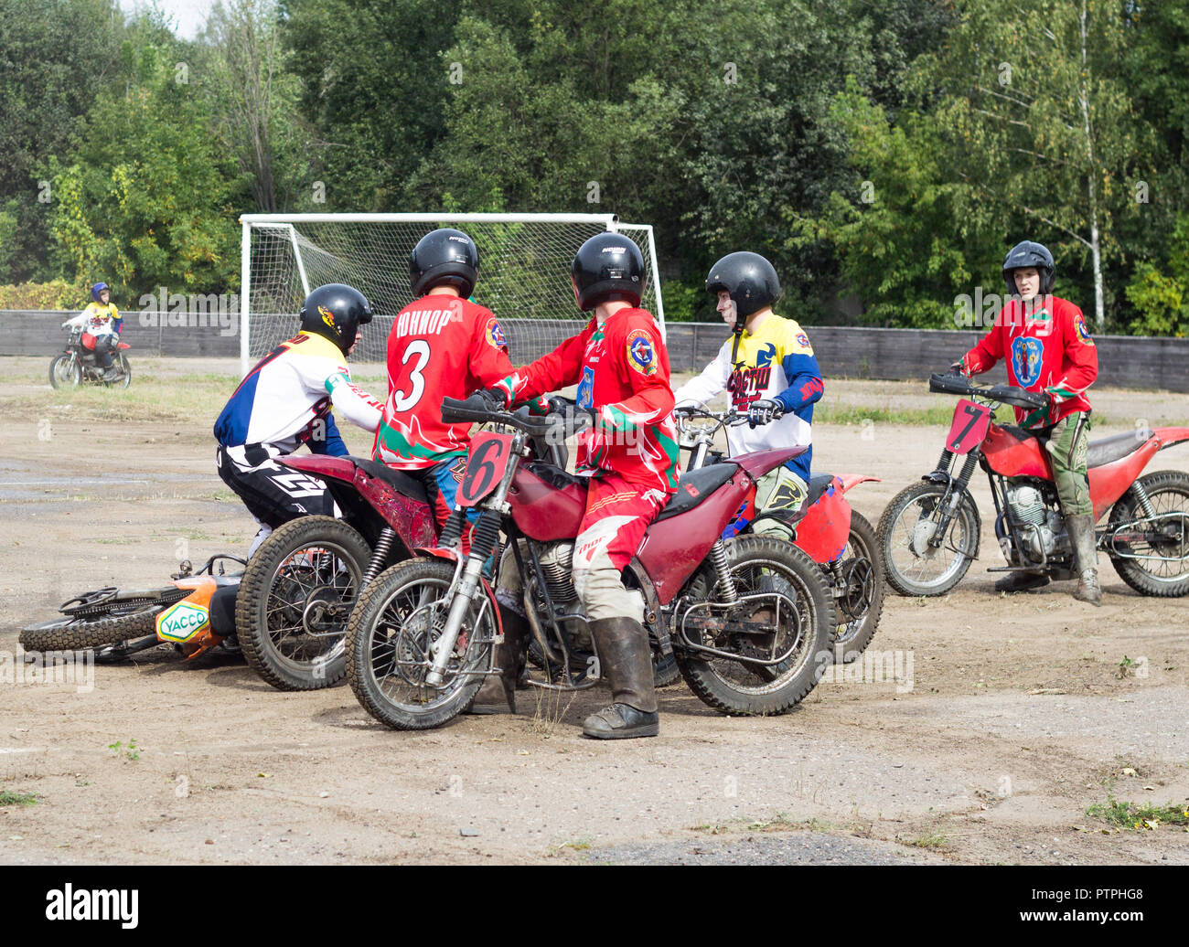 BOBRUISK, BELARUS - September 7, 2018: Motoball, young guys play ...