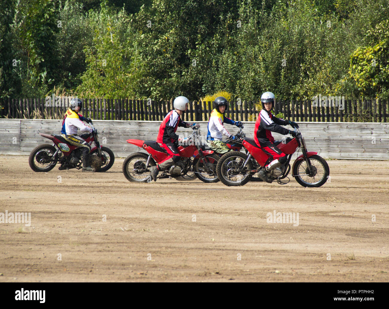 BOBRUISK, BELARUS - September 8, 2018: Motoball, young guys play ...