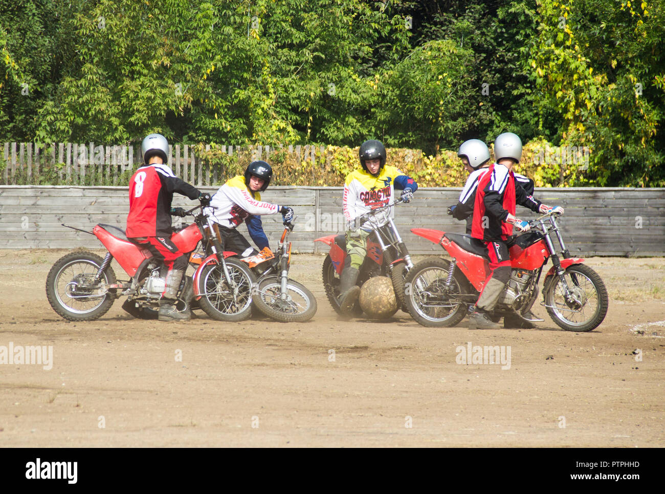 BOBRUISK, BELARUS - September 8, 2018: Motoball, young guys play ...