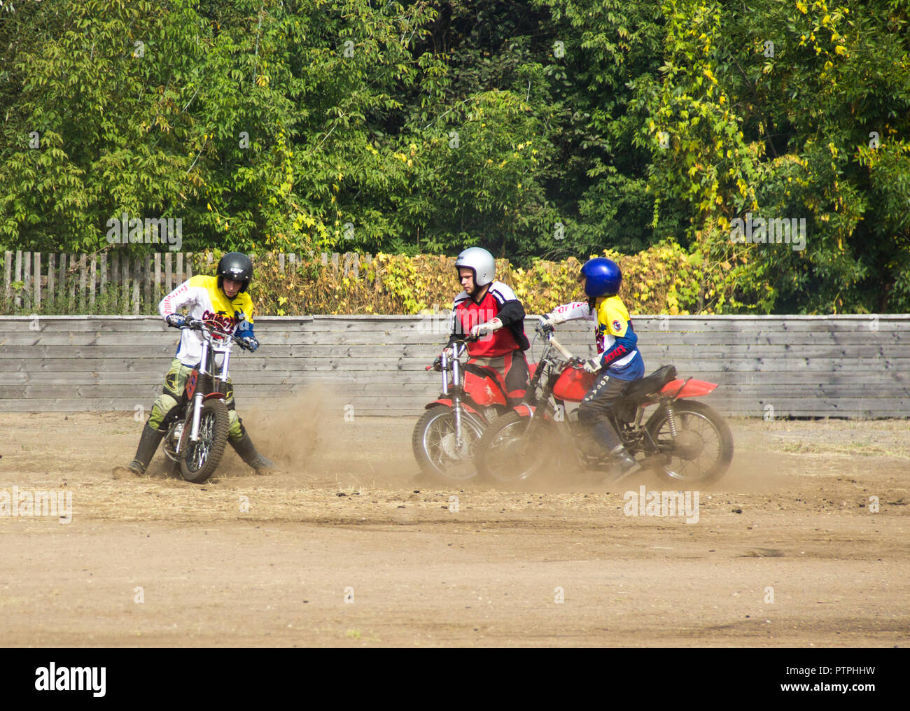 BOBRUISK, BELARUS - September 8, 2018: Motoball, young guys play ...