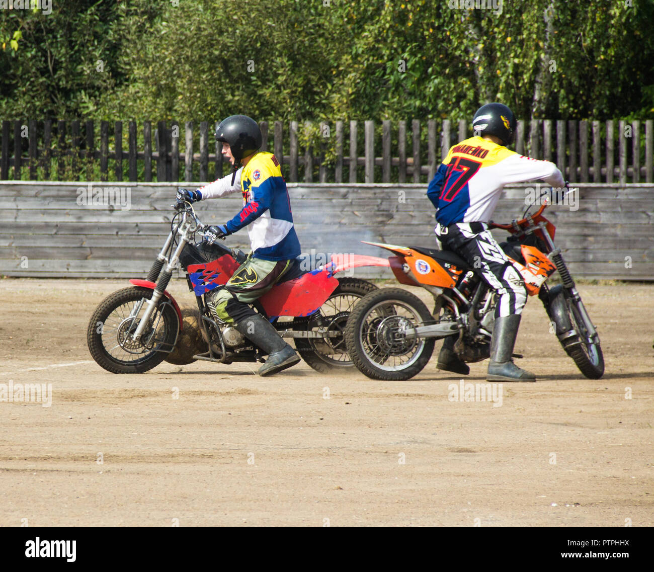 BOBRUISK, BELARUS - September 8, 2018: Motoball, young guys play ...