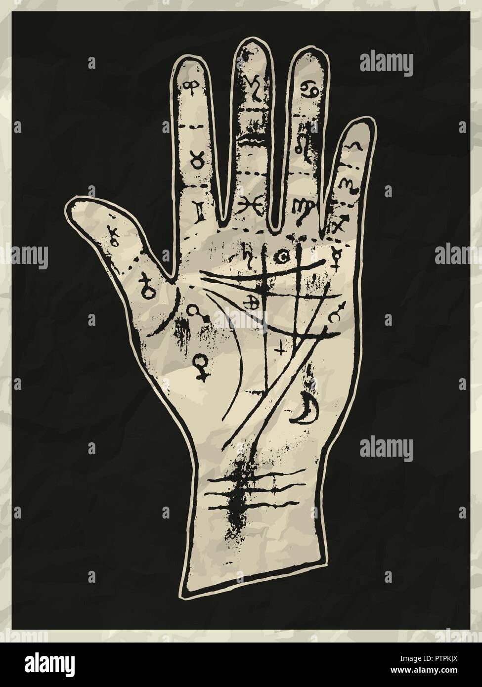 White palmistry hand on a black crumpled paper texture background with ...