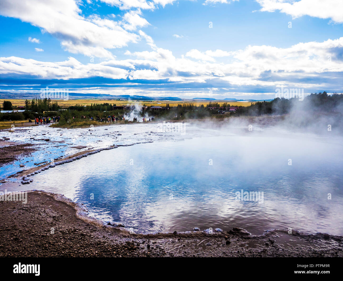 Steaming geothermal pool at Geyser at the Golden Circle Iceland Stock ...