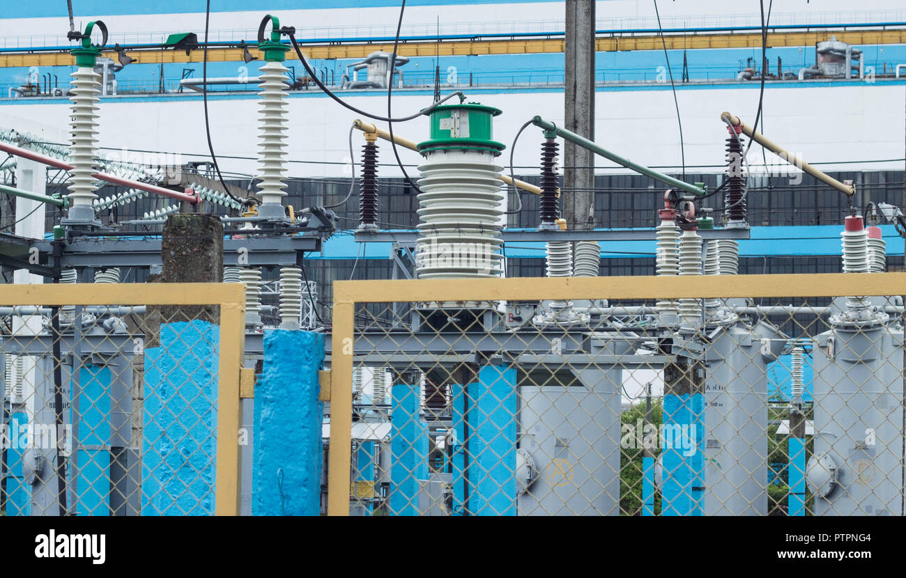 High voltage electric transformer station, power station Stock Photo ...
